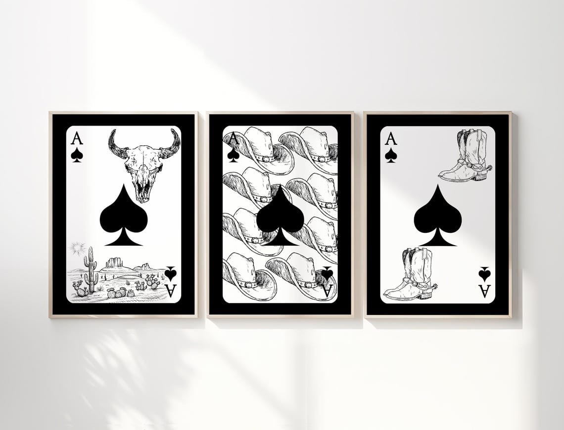 UNFFRAMED Western Playing Card Wall Art Set, Cowboy Boots, Hats, Skull ...