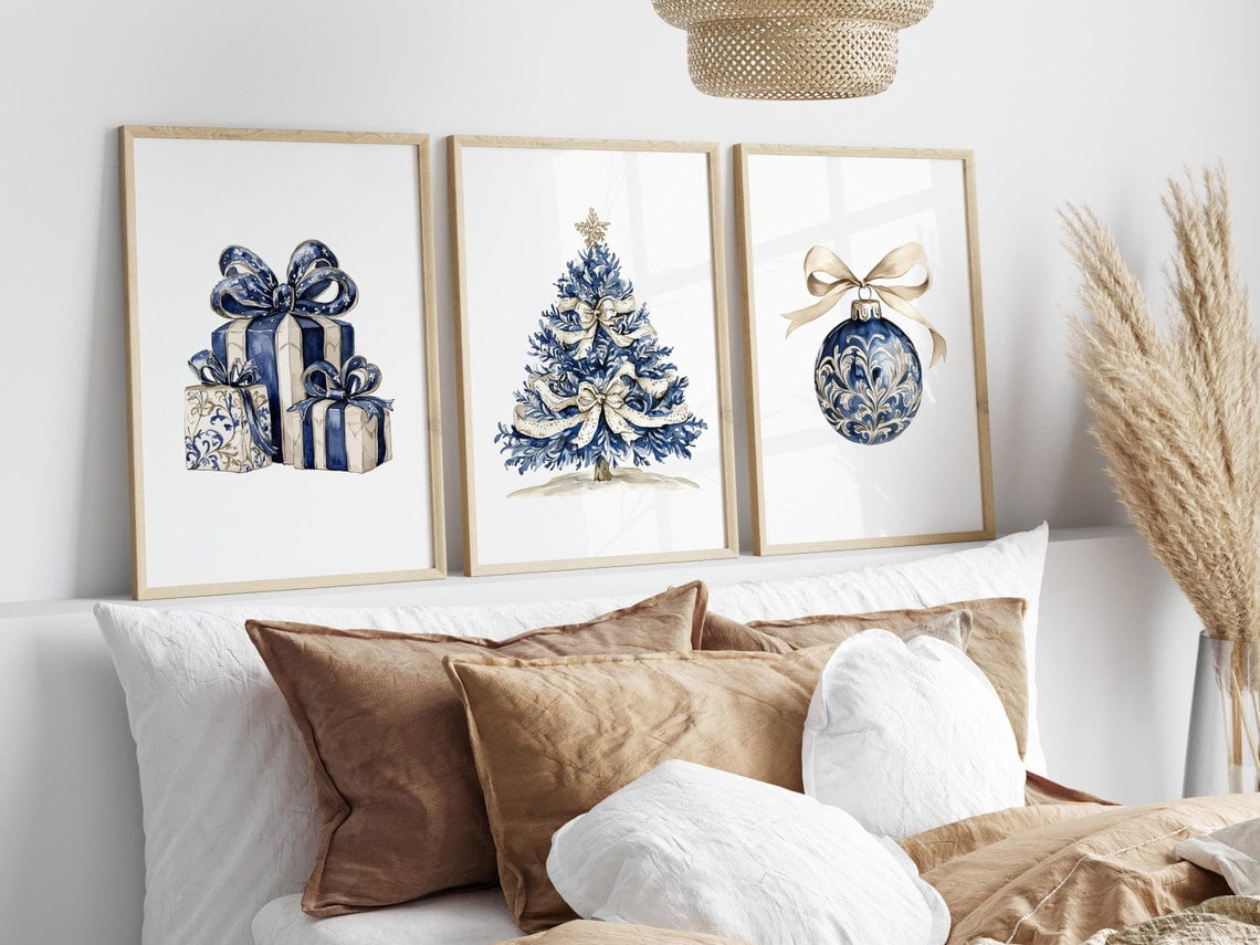 UNFFRAMED Winter Holiday Set Posters Wall Art Navy Winter Holiday Tree ...