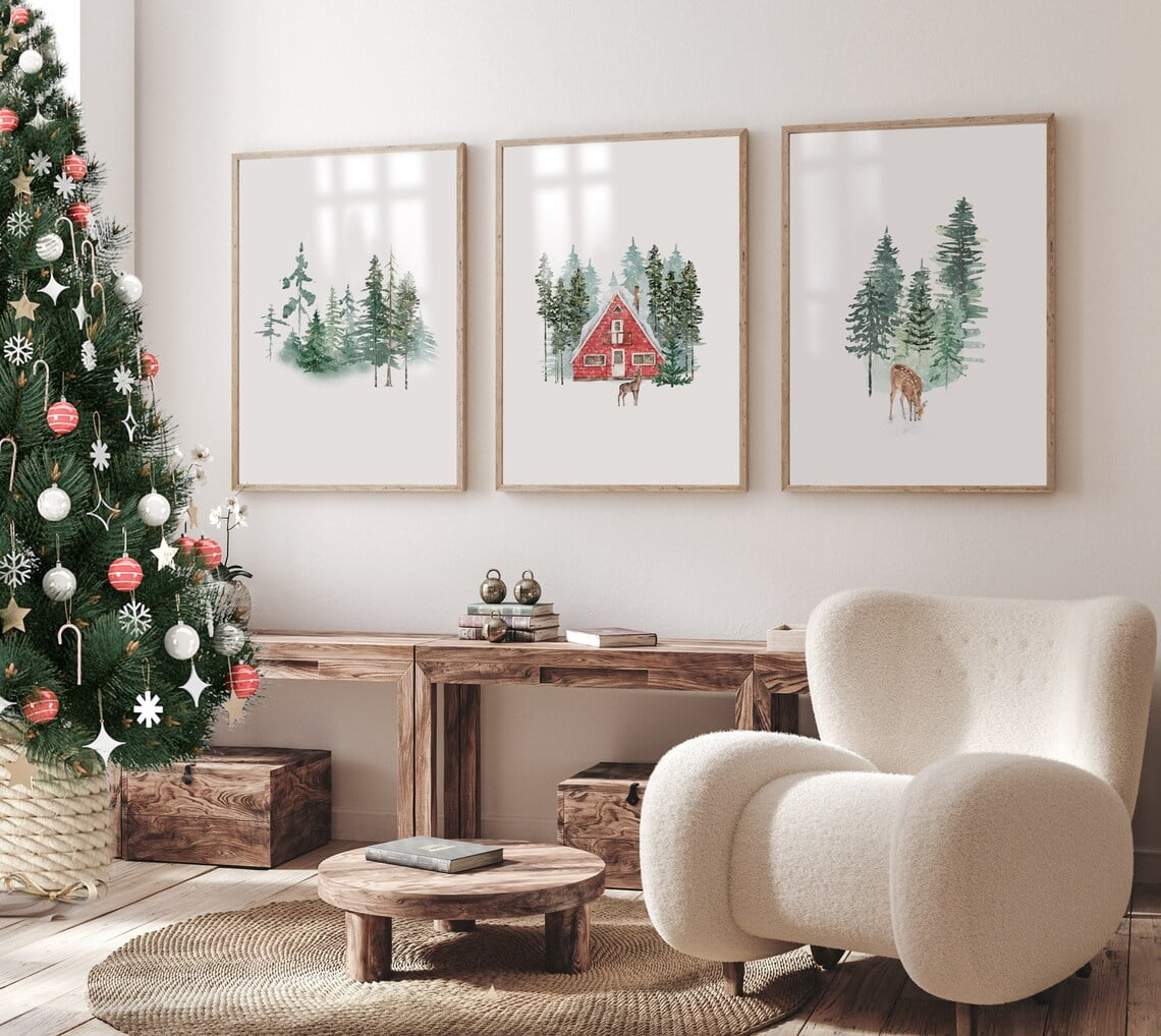 UNFFRAMED Winter Set Of 3 Wall Art, Reindeer Poster, Snowy Forest ...