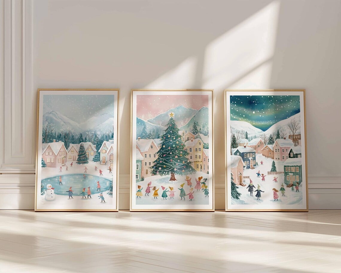 UNFFRAMED Winter Village Wall Art, Set, Ski Village Poster, Winter ...