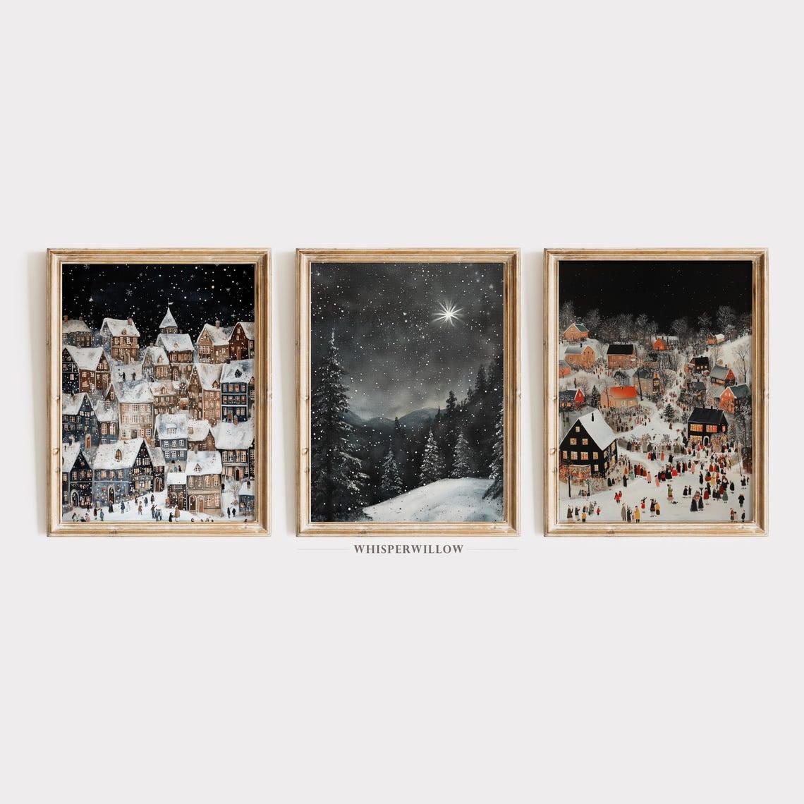 UNFFRAMED Winter Wonderland Winter Holiday Village Set Of Three 3Tarry ...