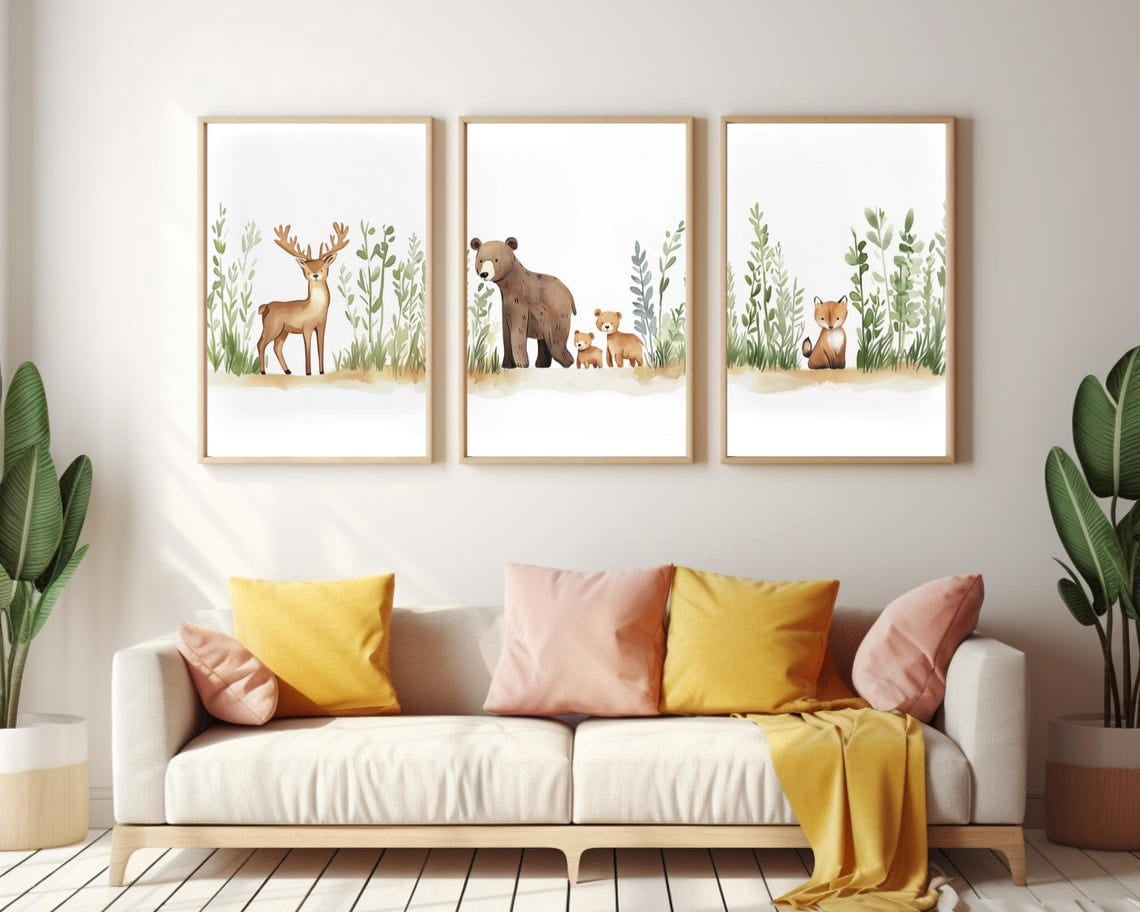 UNFFRAMED Woodland Bear Family Poster, Set Of 3, Animal Nursery Wall ...