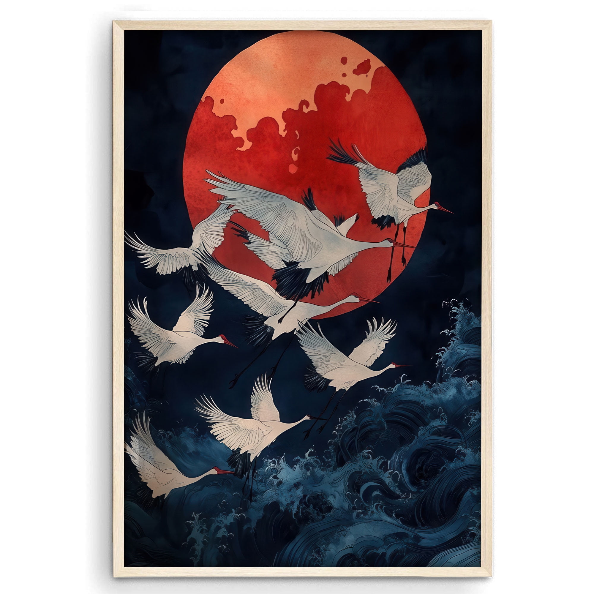 UNFRAMED Japanese Cranes Poster, Blue & Gold Artwork with Elegant ...