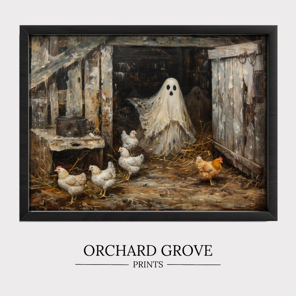 UNFRAMED PAPER POSTER Chicken Ghost Hal.Low.Een Art Spooky Wall Art ...