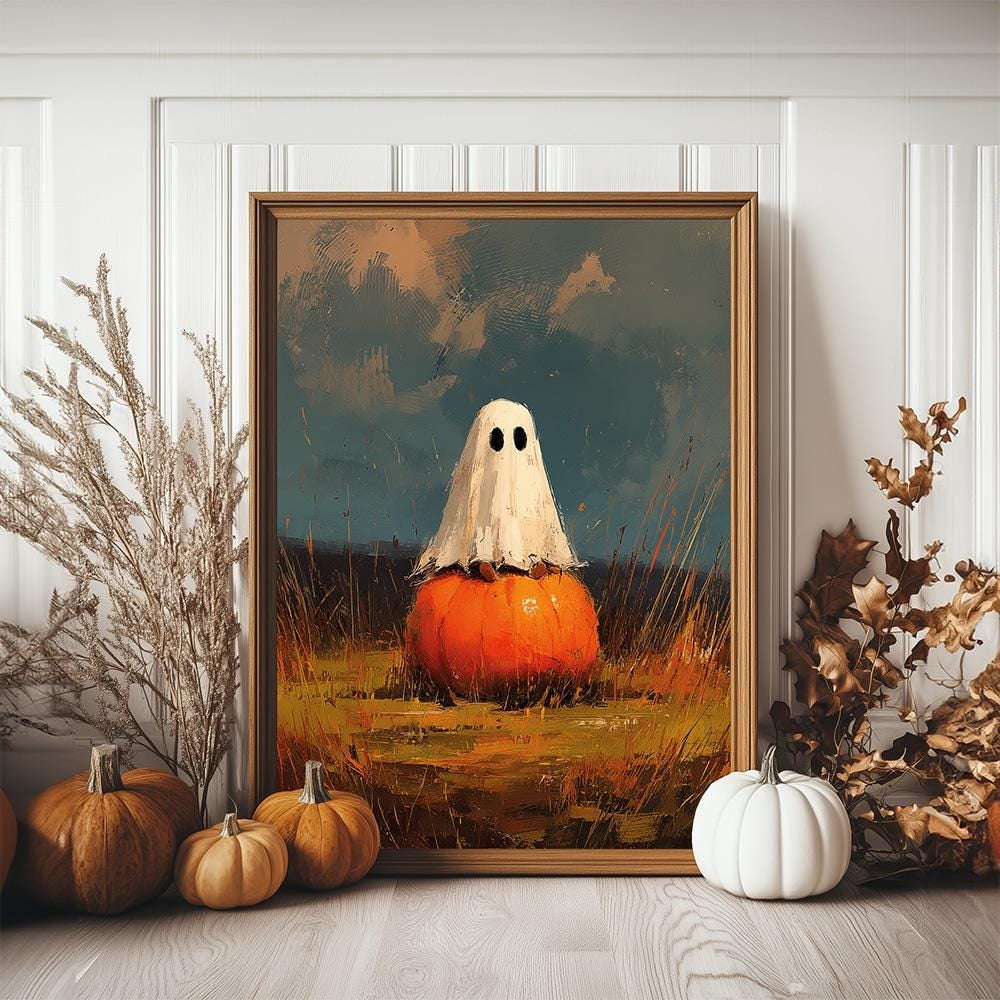 UNFRAMED PAPER POSTER Cute Ghost Sitting On Pumpkin Poster, Rustic Fall ...