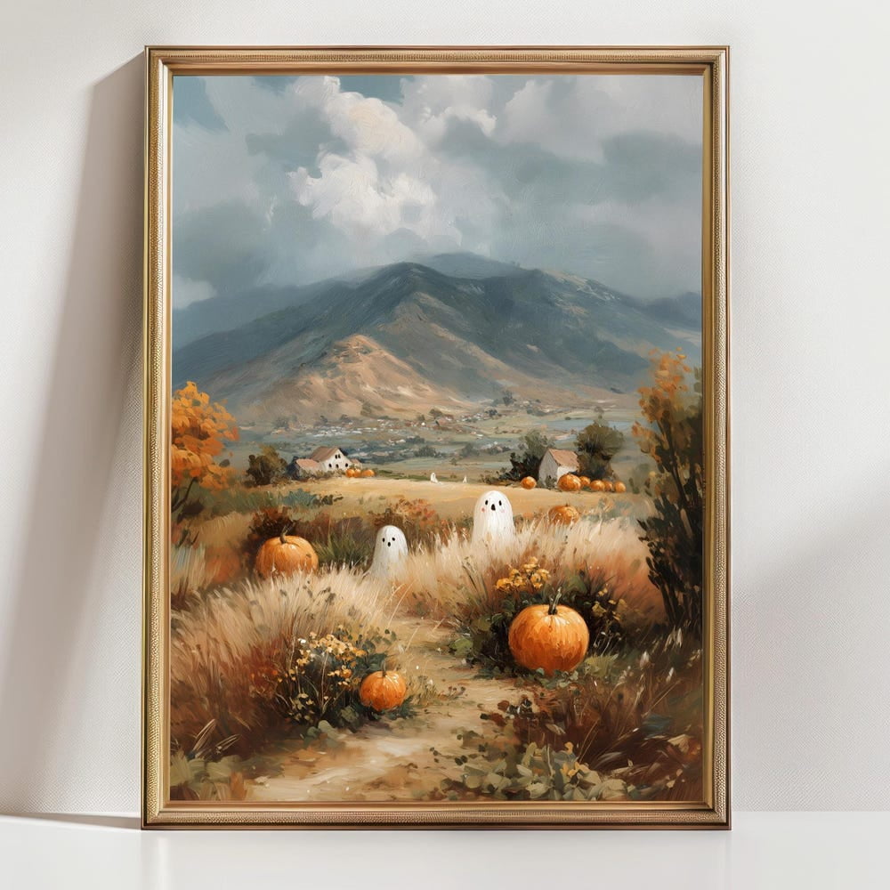 UNFRAMED PAPER POSTER Ghosts In Pumpkin Field Art Print, Spooky Autumn ...