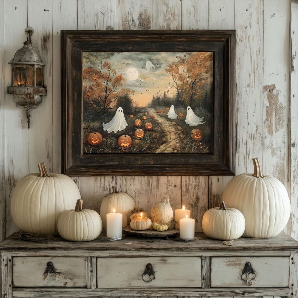 UNFRAMED PAPER POSTER Little Ghosts Pumpkin Patch Full Moon Painting ...