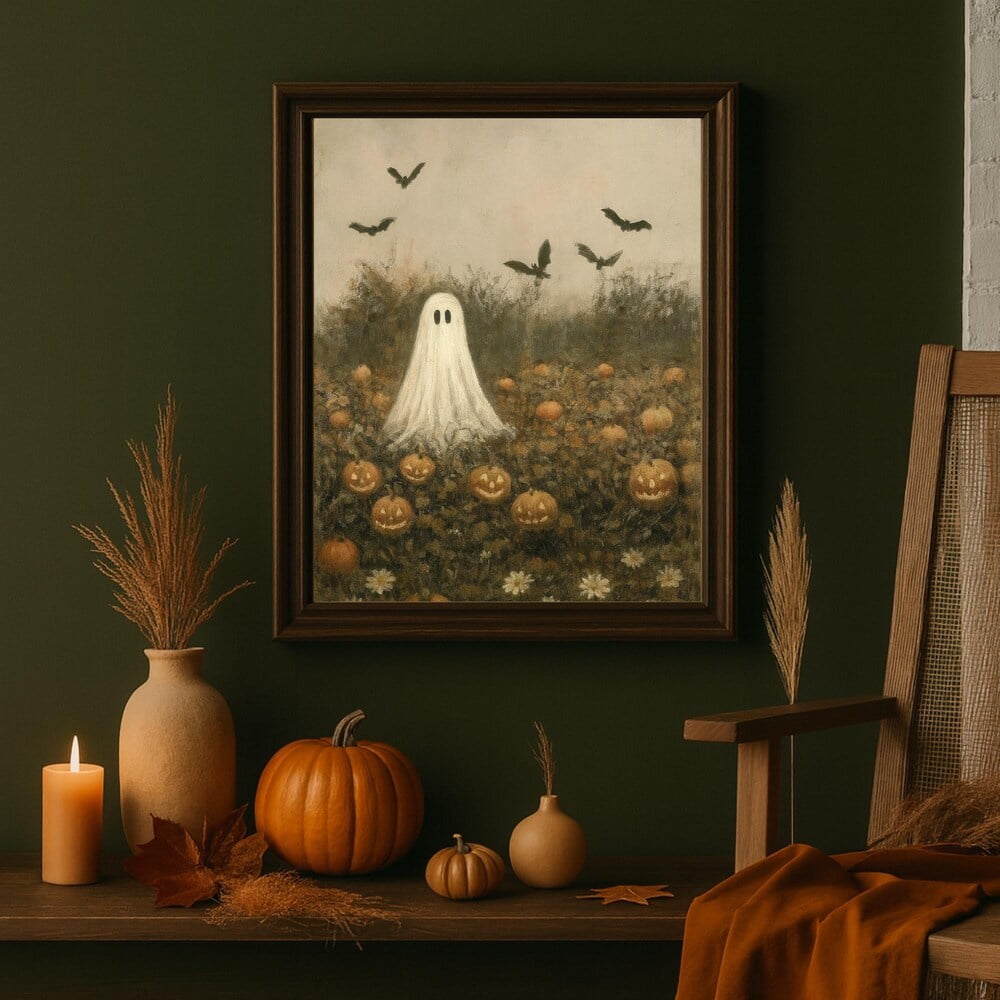 UNFRAMED PAPER POSTER Vintage Hal.Low.Een Ghost In Pumpkin Field, Fall ...