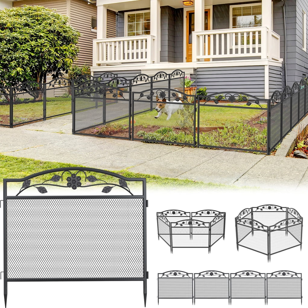 UNHO Rustproof Wrought Iron Garden Fence, 5-Panel Outdoor Flower Bed ...