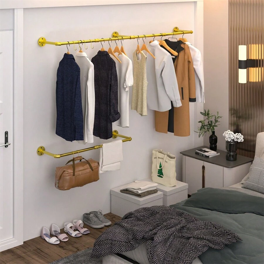 UNHO Extra Long Black/Gold Pipe Clothes Rack Wall Mount Garment Closet ...