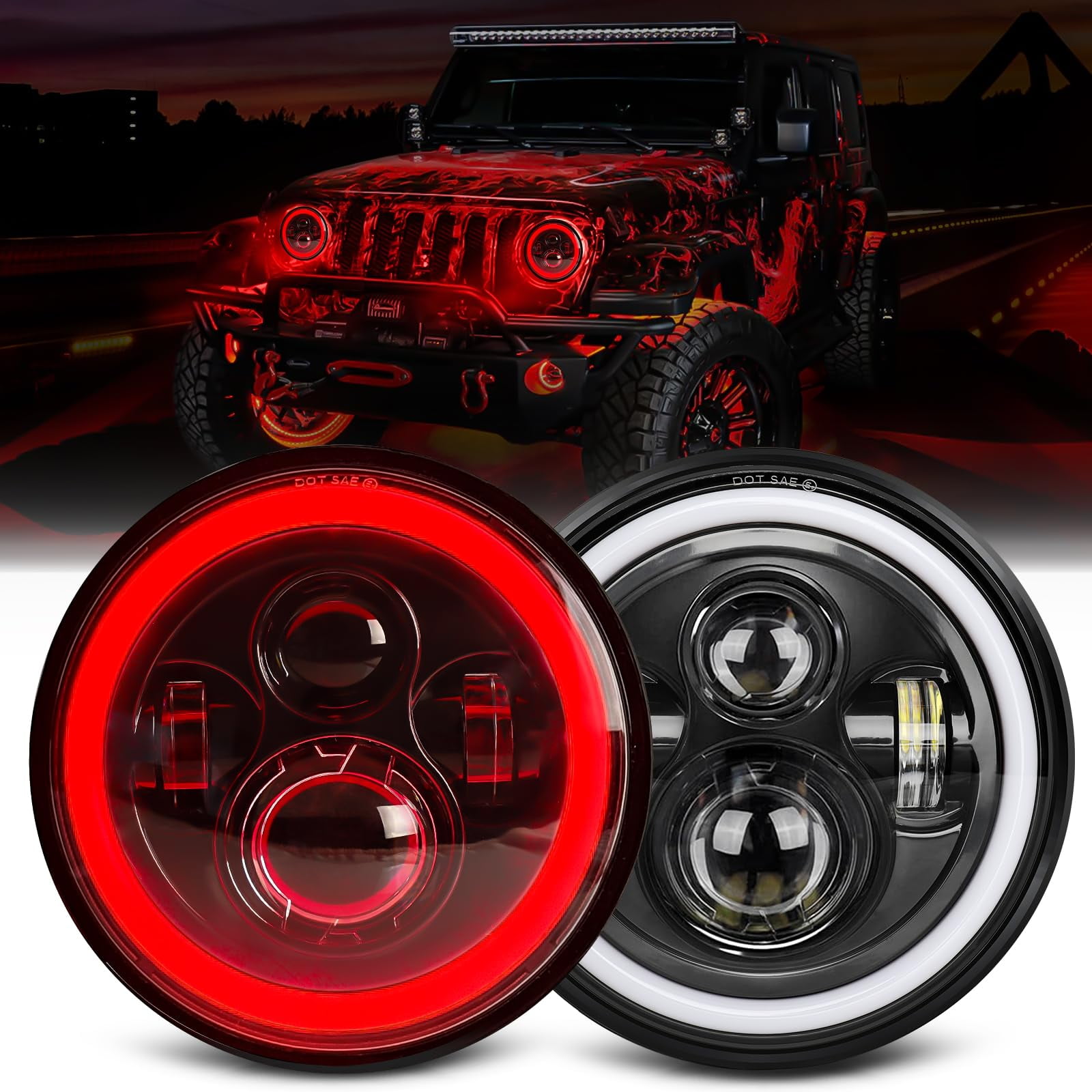 UNI-SHINE 7 inch Red SSF20 Halo led Headlight Beam with Amber Turn ...