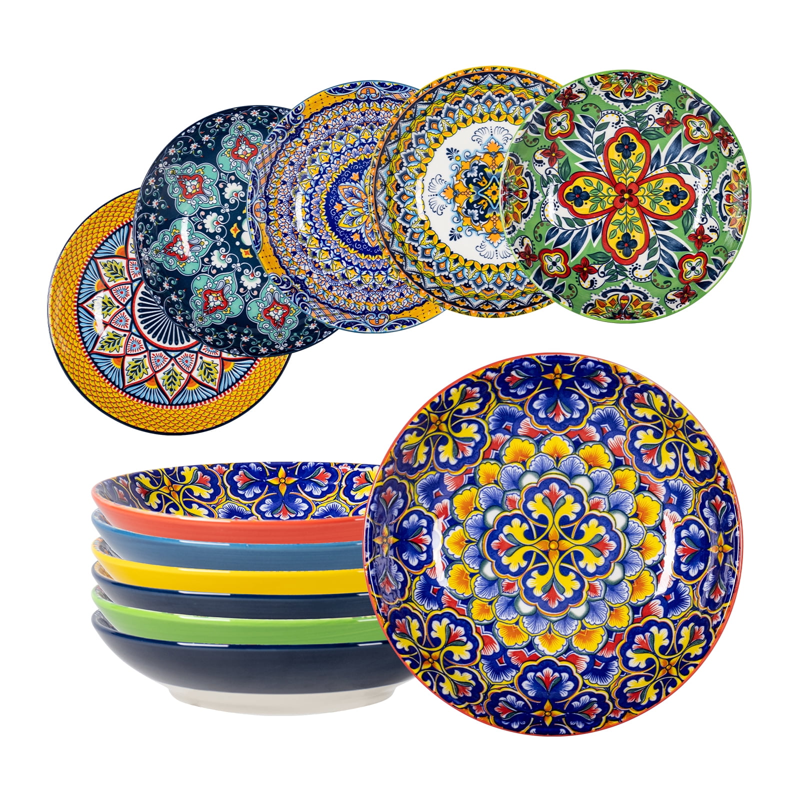 UNICASA Ceramic 26 Oz Pasta Salad Bowls,Set of 6,Wide and Shallow ...