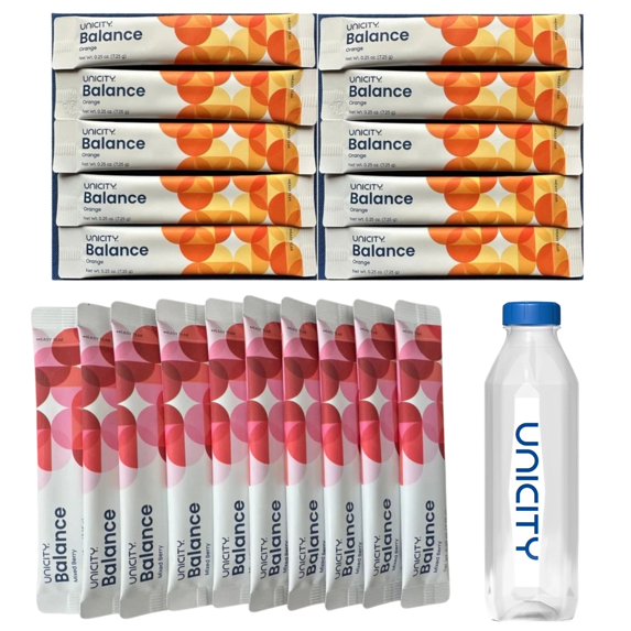 UNICITY DUO : 10 BERRY SACHETS + 10 ORANGE SACHETS + UNICITY BOTTLE ...