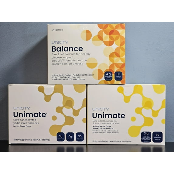 Unicity Trio: Orange Balance, Lemon Ginger Unimate, Lemon Unimate, 30 ...