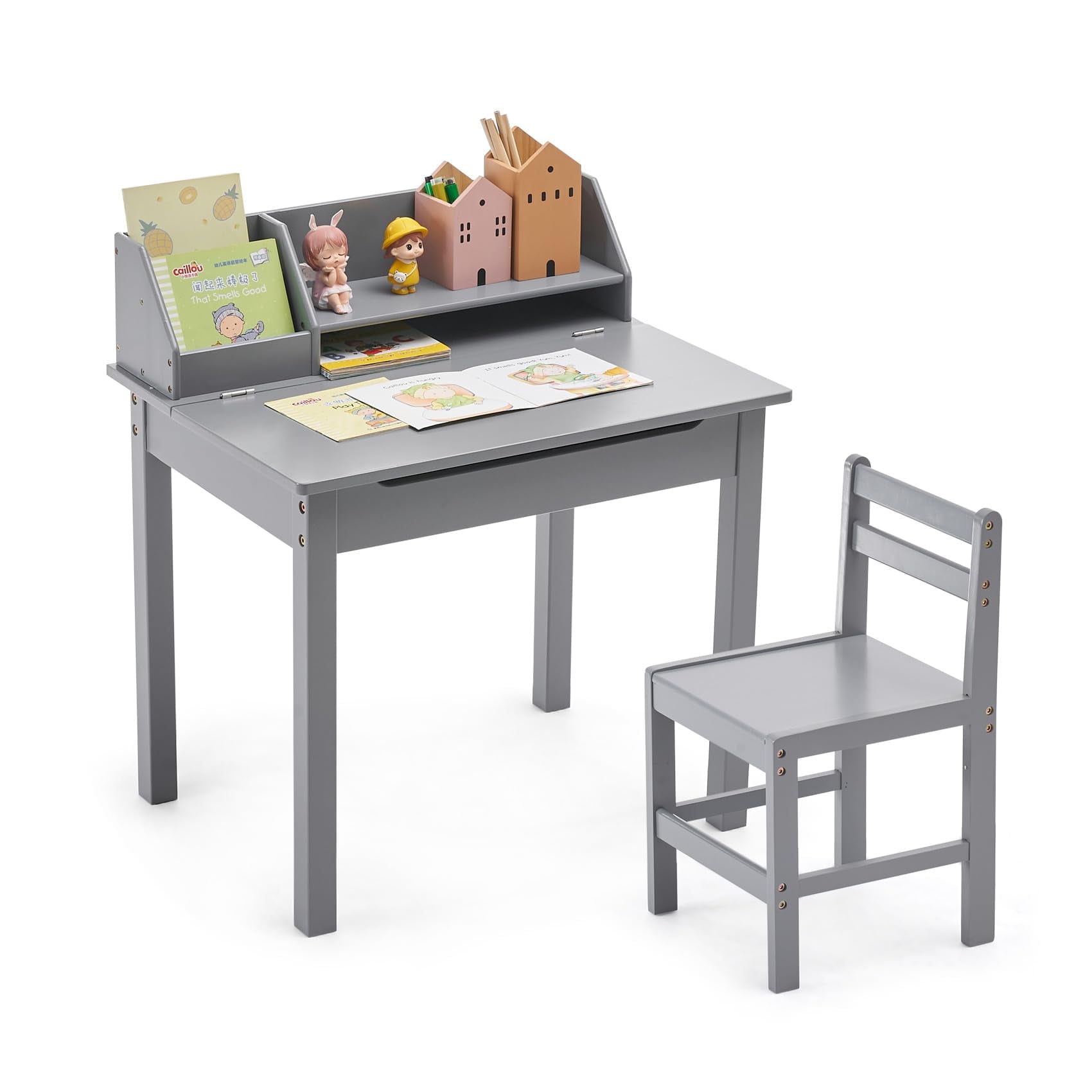 UNICOO Bamboo Toddler Desk and Chair Set, Lift-Top Desk, Storage Hutch ...