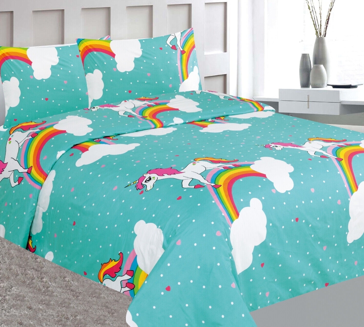 UNICORN BLUE Full Kids Printed 4pc Sheet Set Premium Collection Modern ...