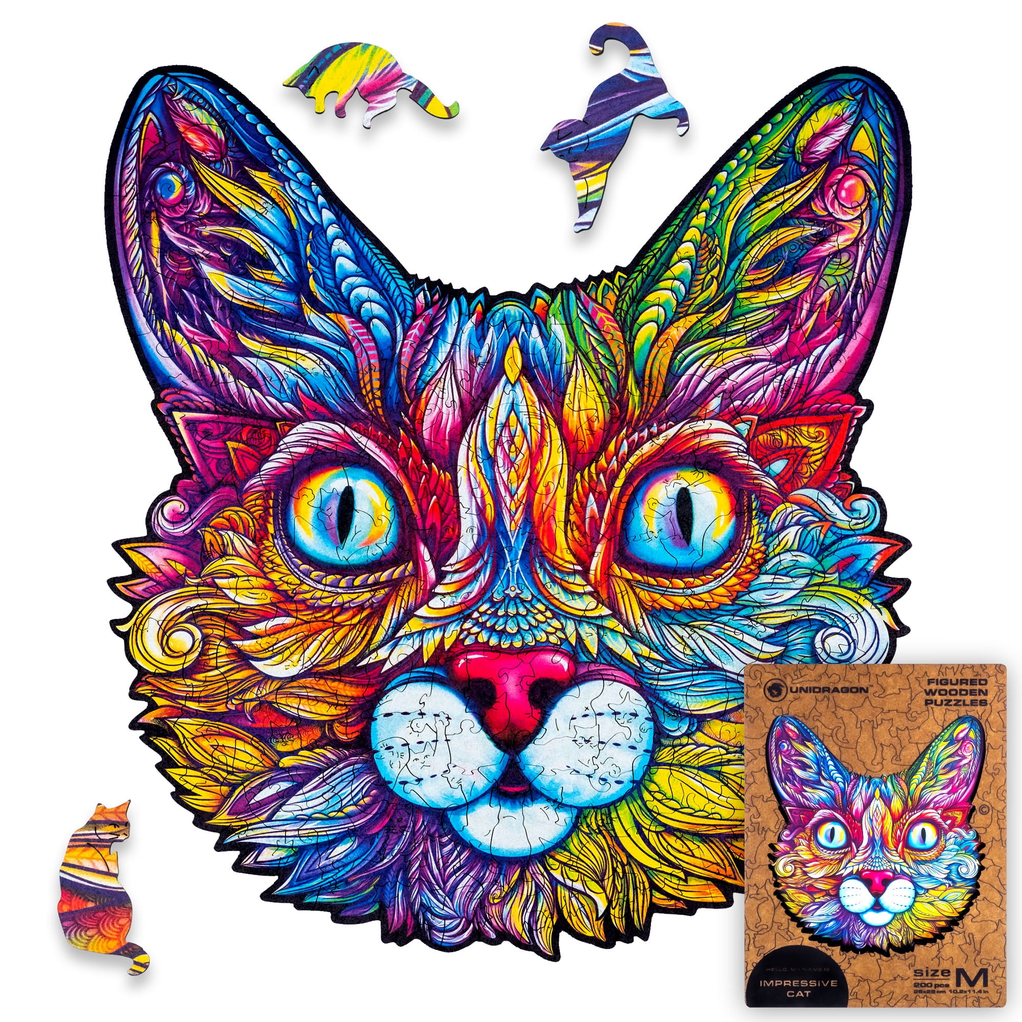 UNIDRAGON Original Wooden Jigsaw Puzzles - Impressive Cat, 200 pcs ...