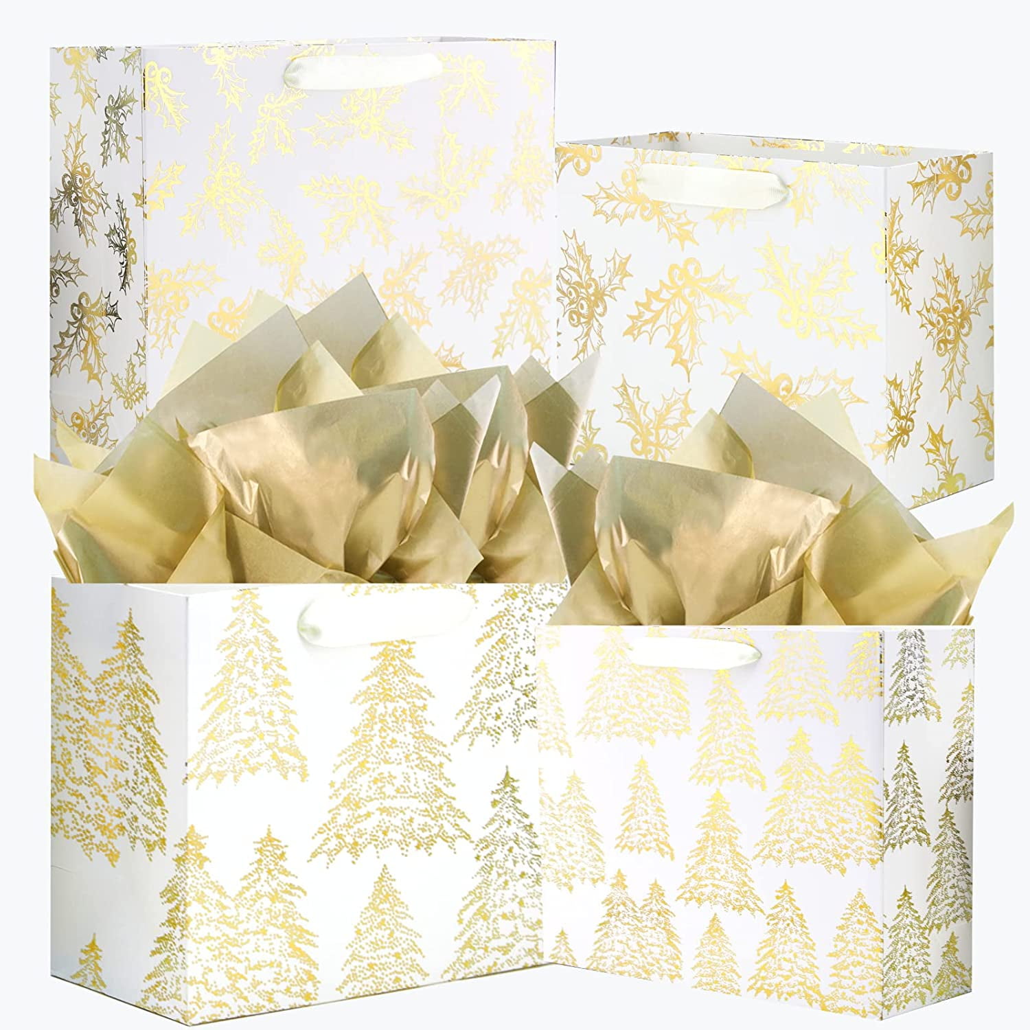 UNIQOOO 12PCS Gold Foil Gift Bags, Large & Medium, Christmas Wrap Pack ...