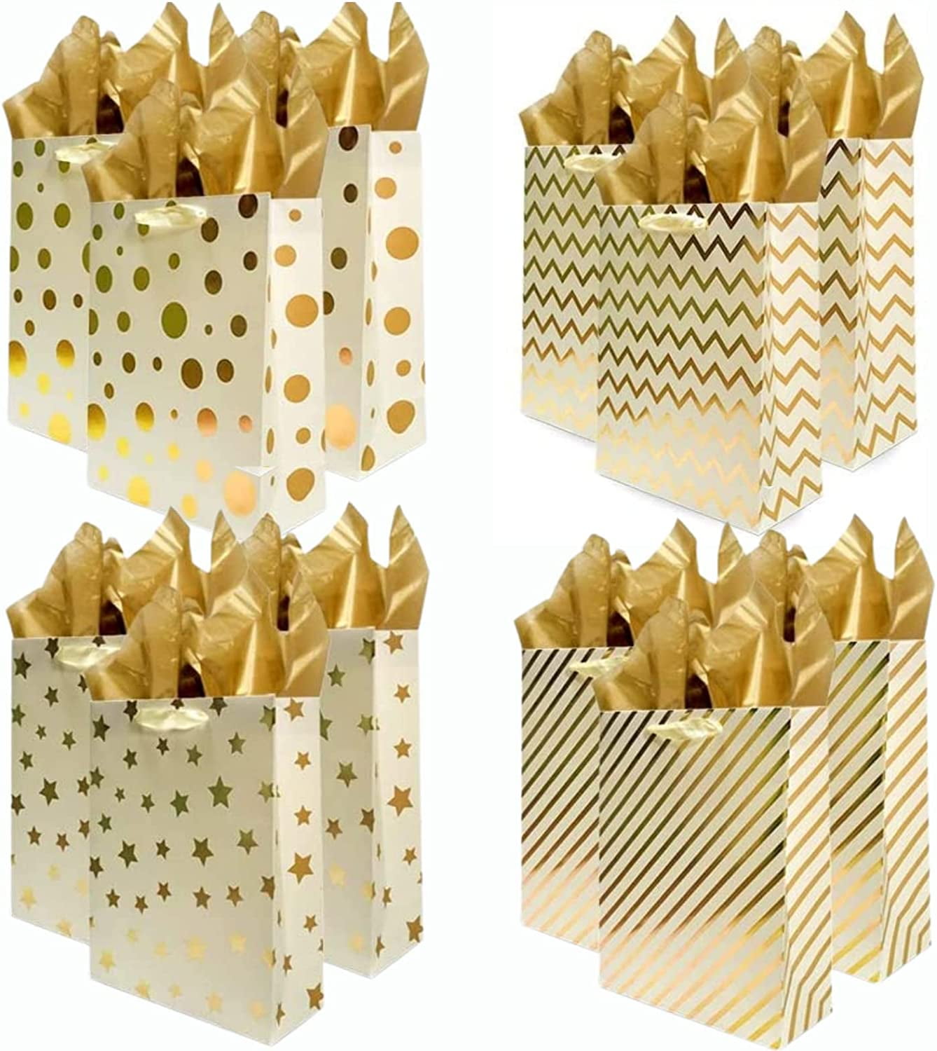 UNIQOOO 12Pcs Metallic Gold Christmas Gift Bags Bulk with 12 Sheets ...