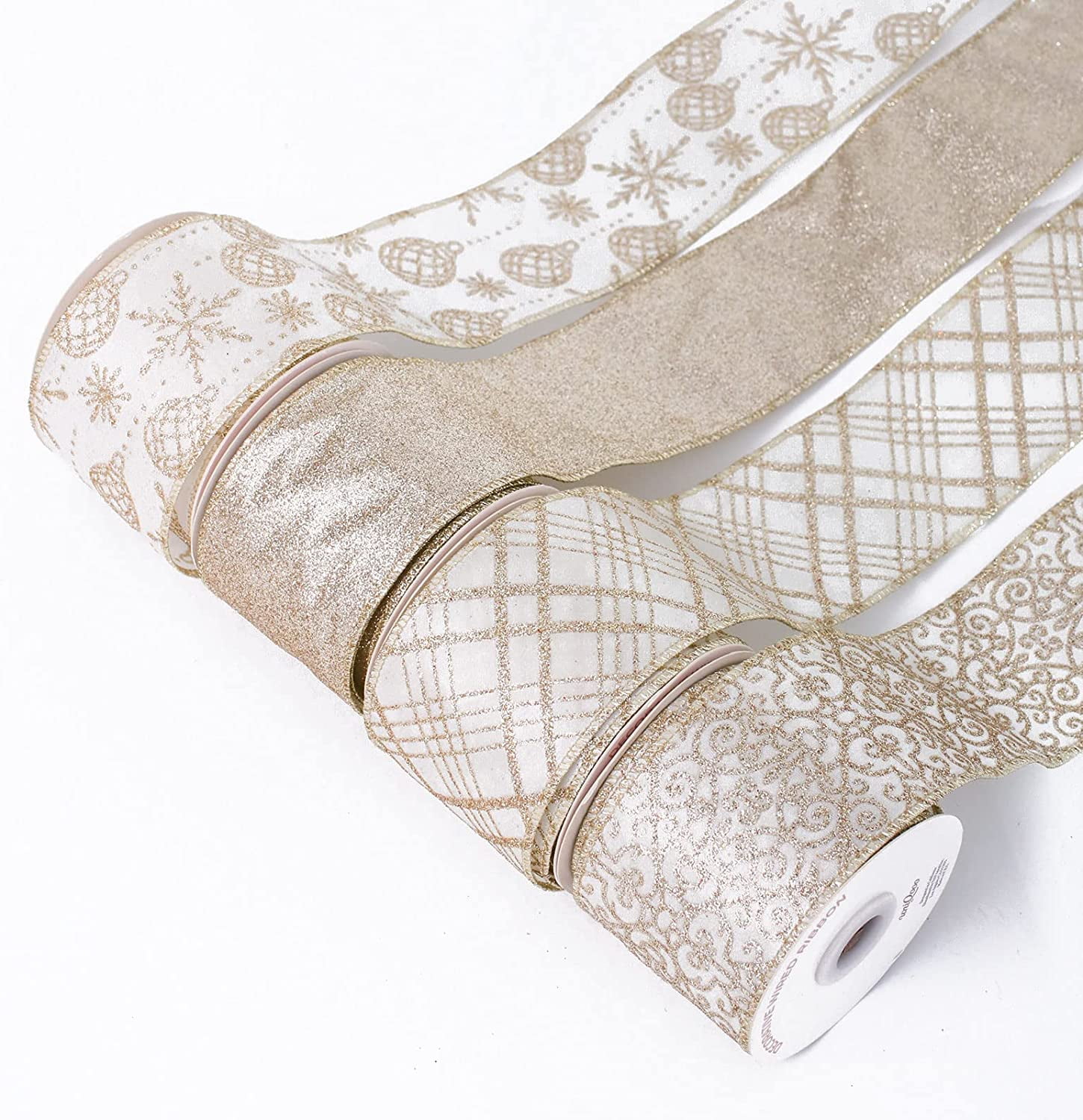 UNIQOOO 40 Yards 4 Rolls Gold Christmas Wired Ribbon Set for Decor ...