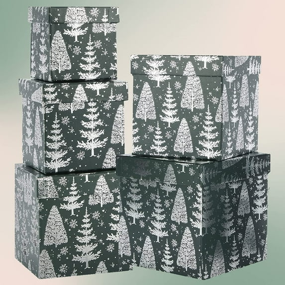 UNIQOOO 5Pcs Green Christmas Gift Box Set with Lid, Assorted Size, Square Silver Xmas Tree ...