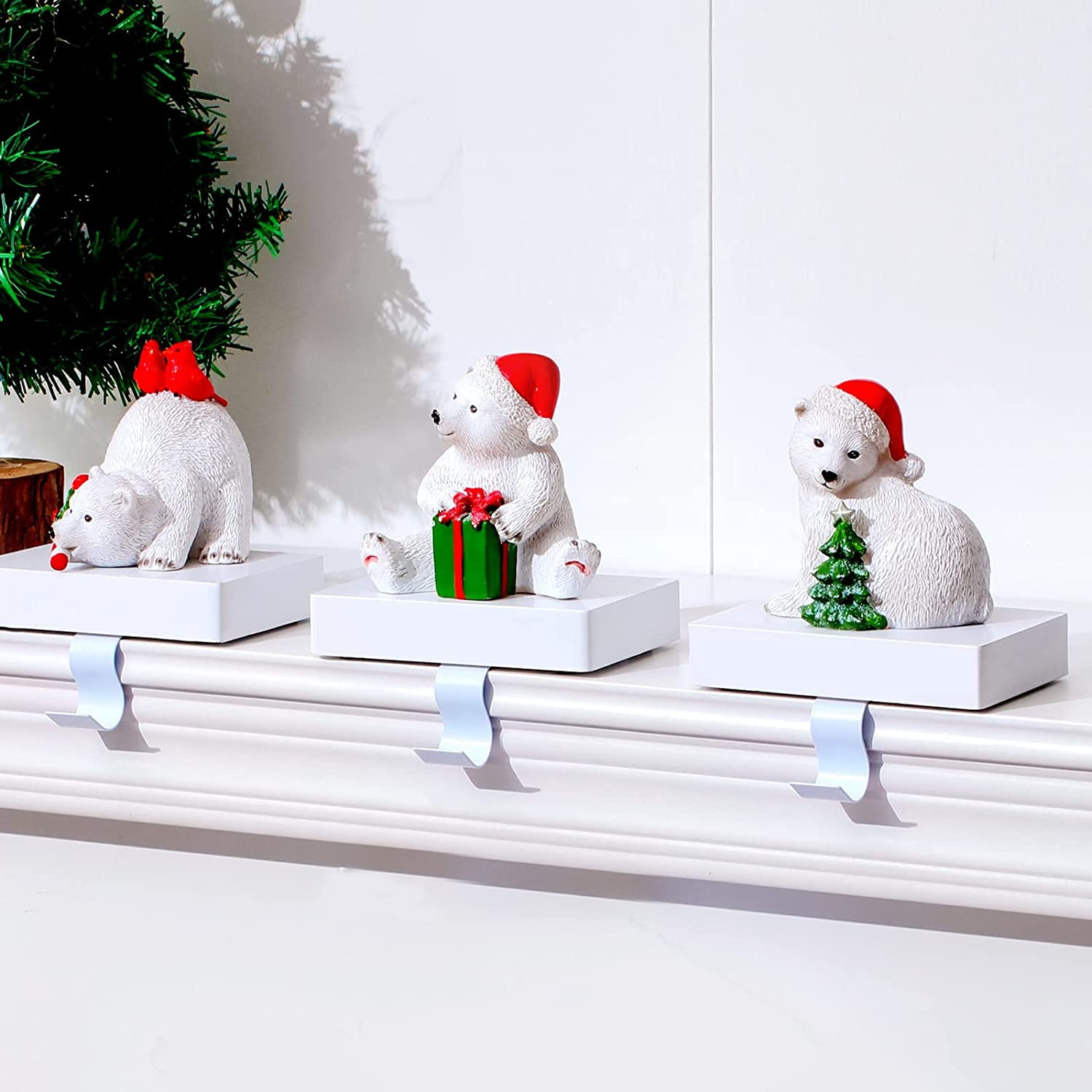 UNIQOOO 3Pcs White Polar Bear Christmas Stocking Holders, Large Mantel ...