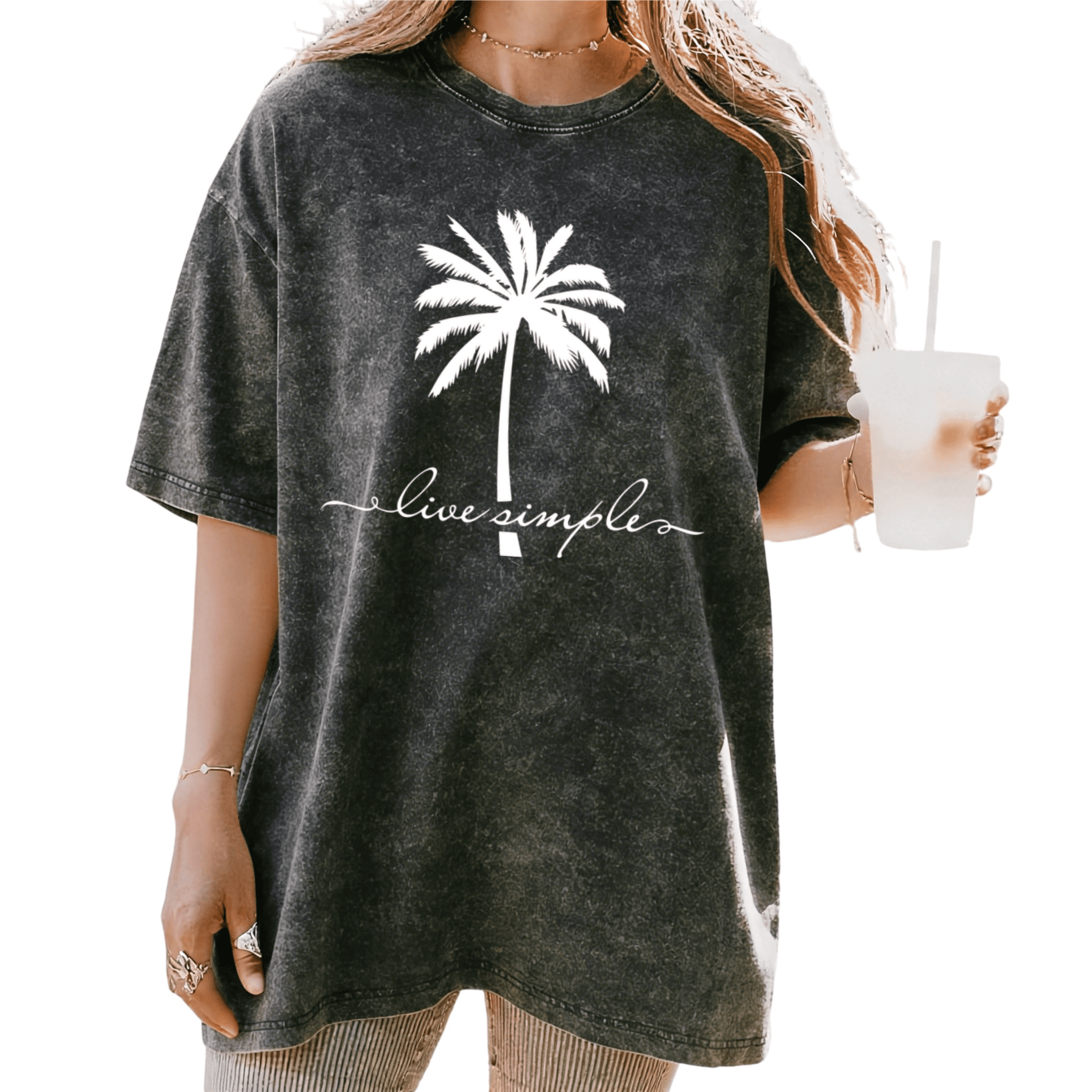 UNISHE Live Simple Minimalist Palm Tree Washed Short Sleeve Crew Neck T ...