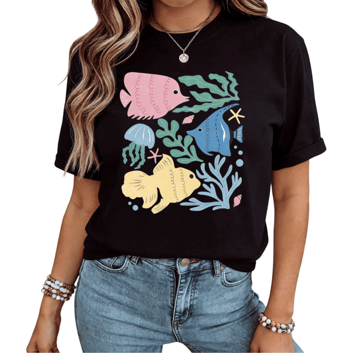 UNISHE Women Boho Underwater Jellyfish Fish Graphic Short Sleeve T ...