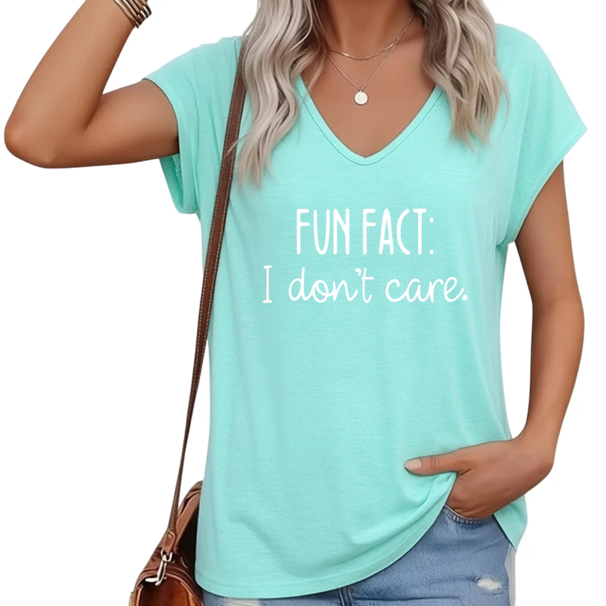 UNISHE Women Fun Fact I Don't Care V-Neck Cap Sleeve T-Shirt Humor ...