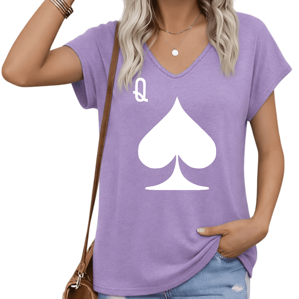 UNISHE Women White Spade Queen V-Neck Sleeveless T-Shirt Poker Graphic ...