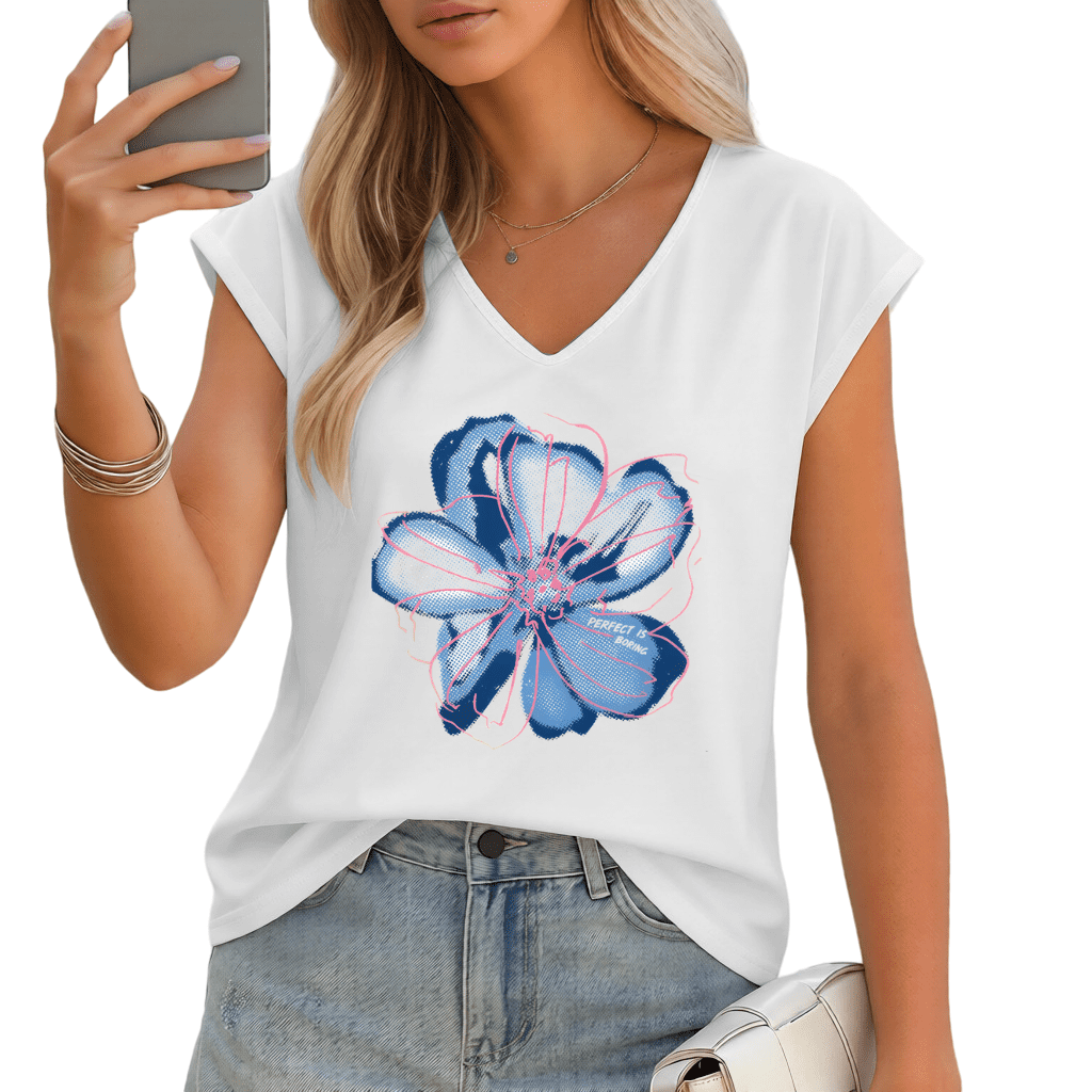 UNISHE Women's Abstract Blue Flower with "Perfect Is Boring" Text Print ...