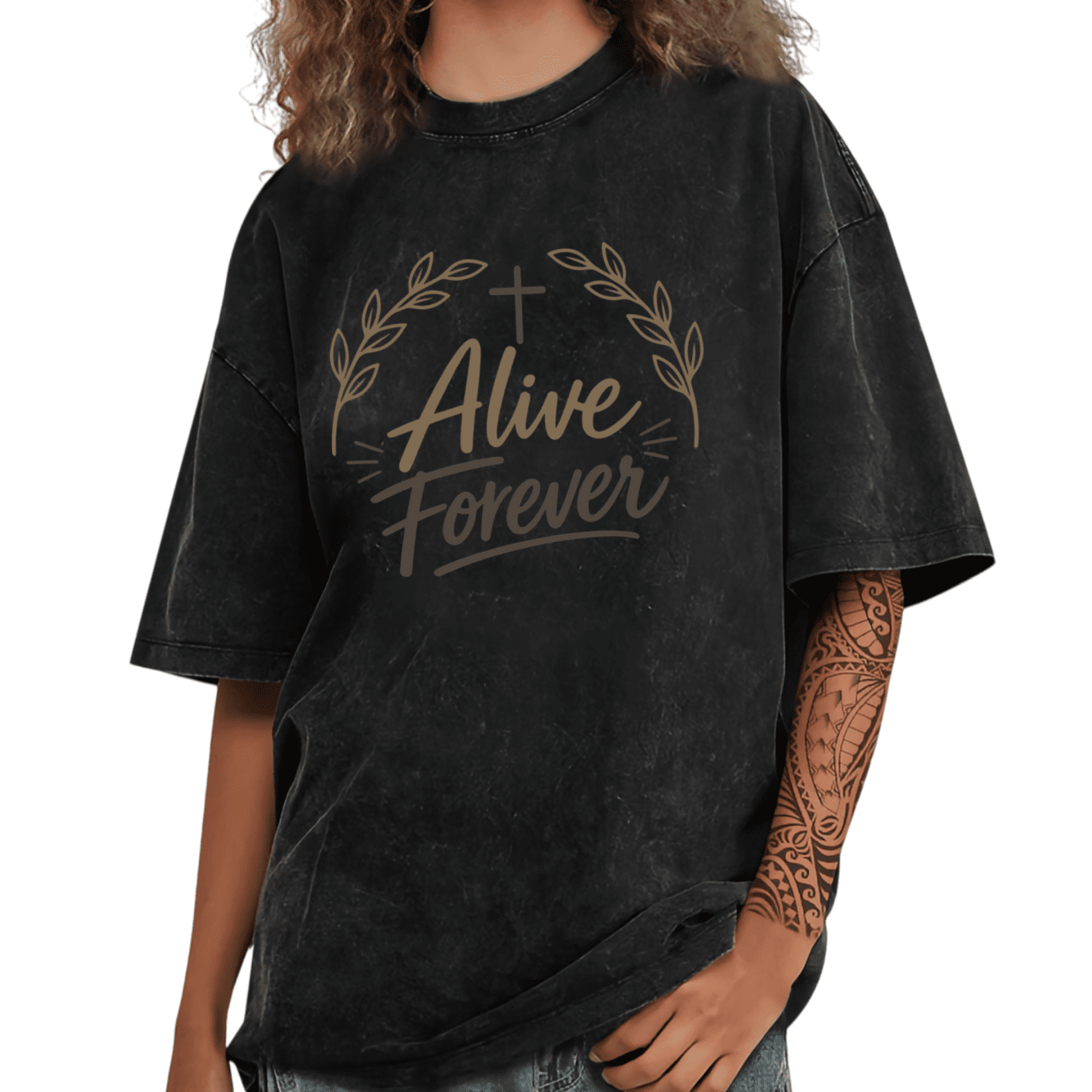 UNISHE Women's "Alive Forever" Faith Cross Graphic Washed Cotton Short ...