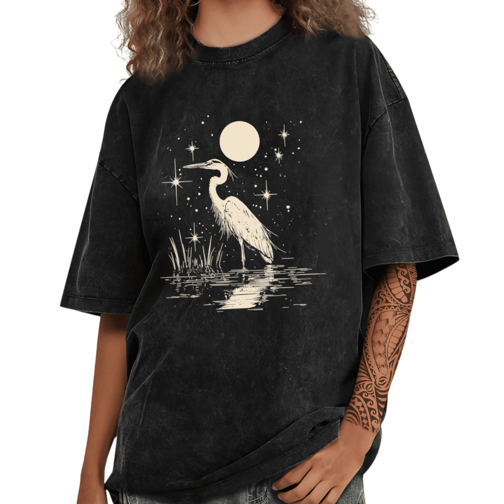 UNISHE Women's Beige Heron Bird Moon & Stars Graphic Washed Casual ...