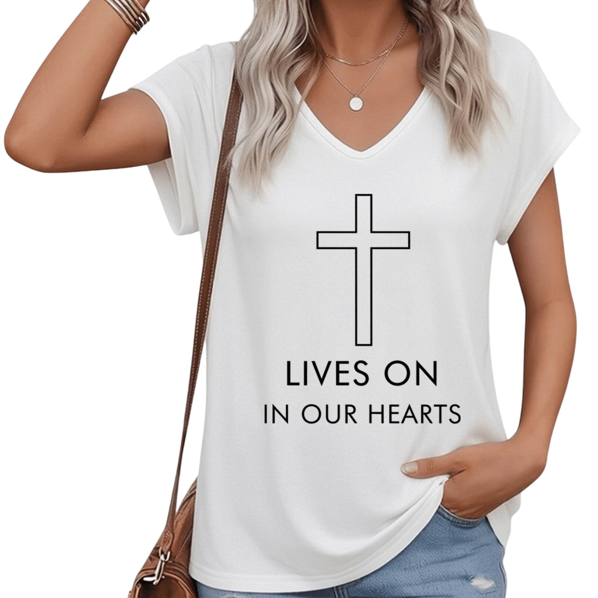 UNISHE Women's Cross Lives On In Our Hearts Christian Faith V-Neck ...