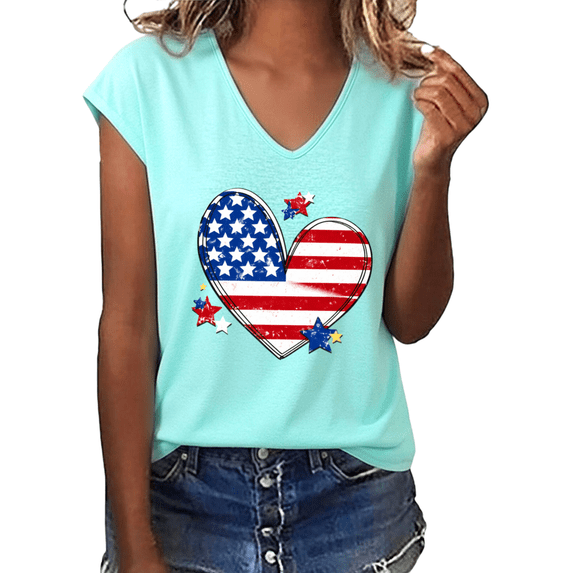 UNISHE Women's Distressed American Flag Heart Graphic V-Neck Short ...