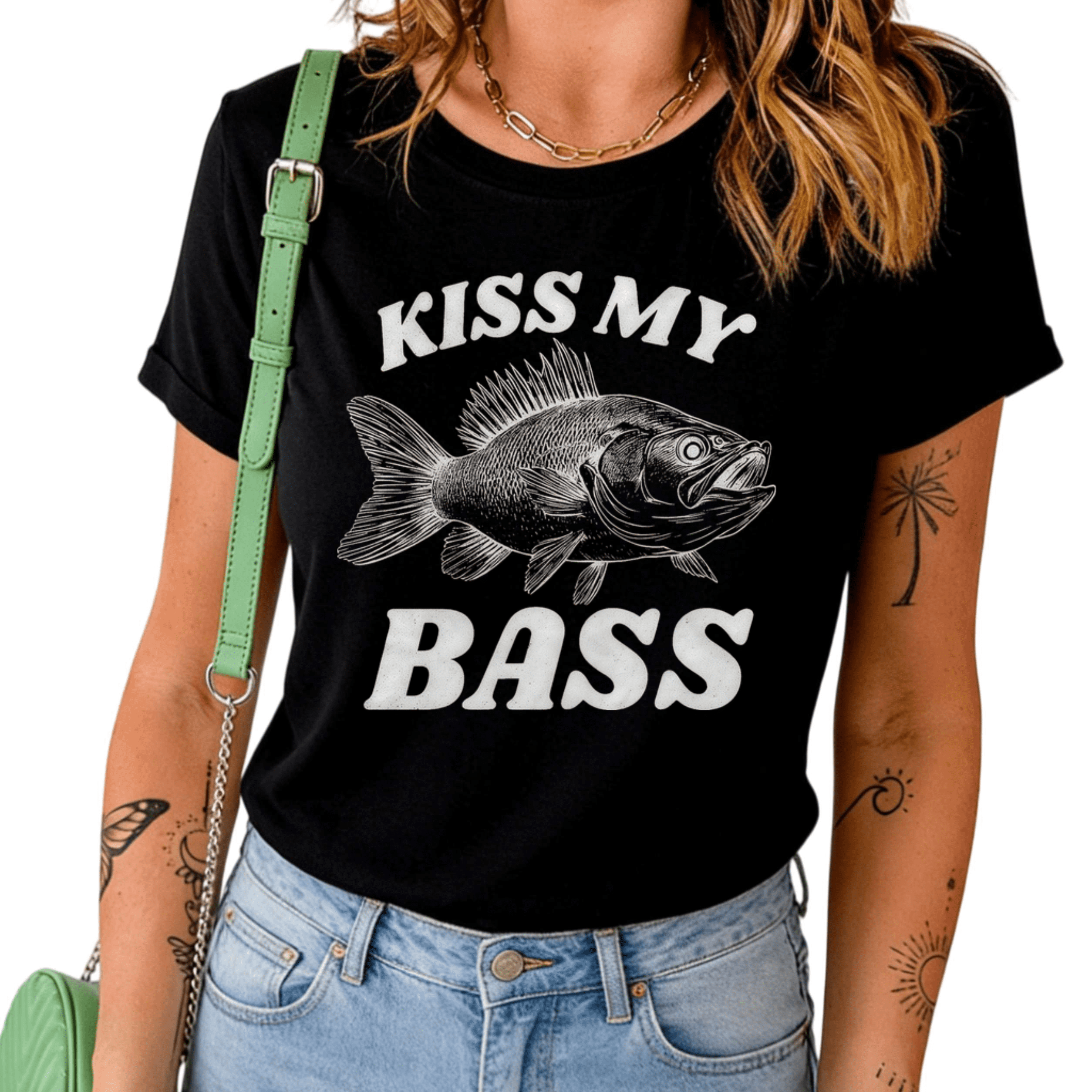 UNISHE Women's "Kiss My Bass" Funny Fishing Bass Graphic Crew Neck ...