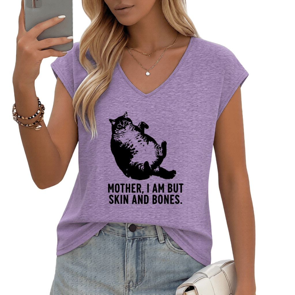 UNISHE Women's "Mother, I Am But Skin and Bones" Chubby Cat V-Neck ...
