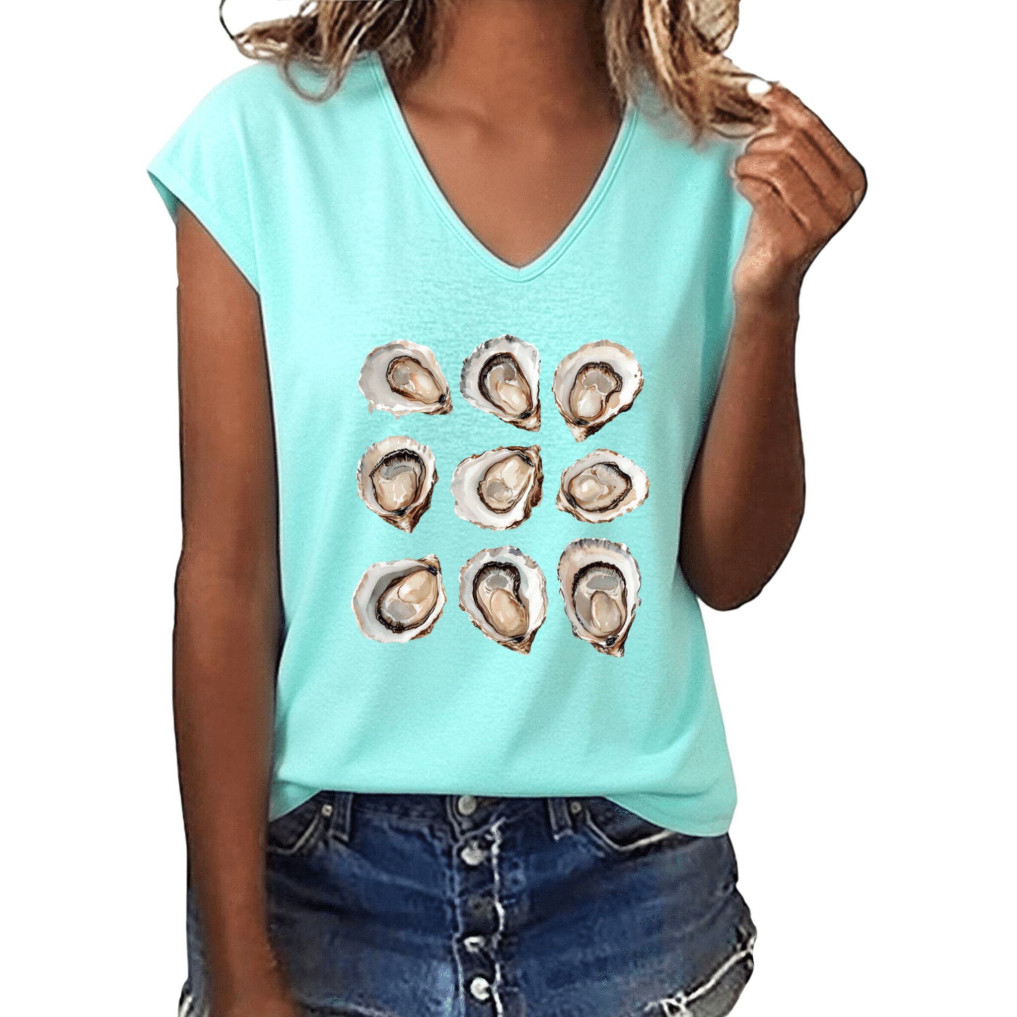 UNISHE Women's Realistic Raw Oyster Grid Graphic V-Neck Sleeveless T ...