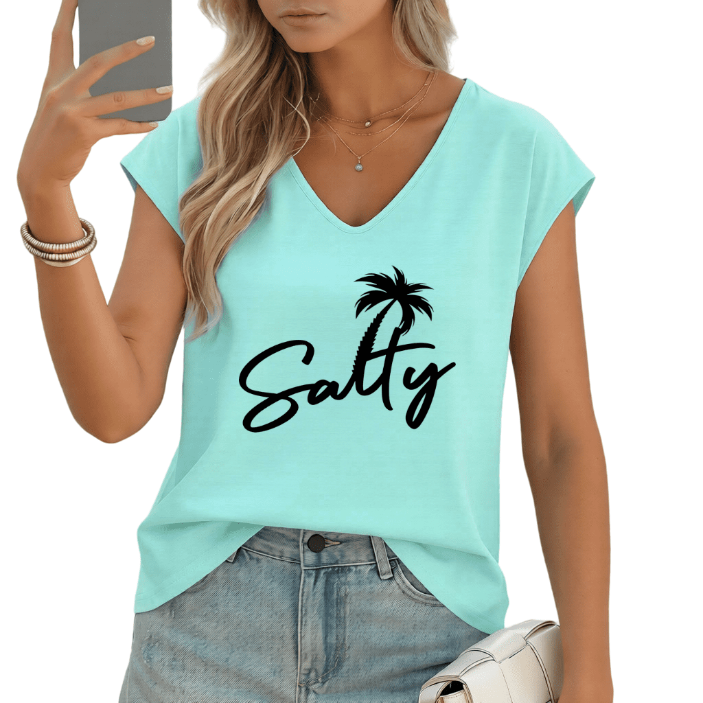 UNISHE Women's Salty Handwritten Font Palm Tree Graphic Print V-Neck ...