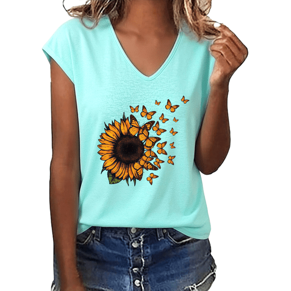 UNISHE Women's Sunflower with Monarch Butterflies Graphic V-Neck Short ...
