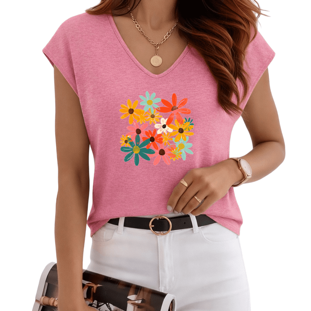 UNISHE Women's Vibrant Watercolor Daisy Print Rose Red V-Neck ...
