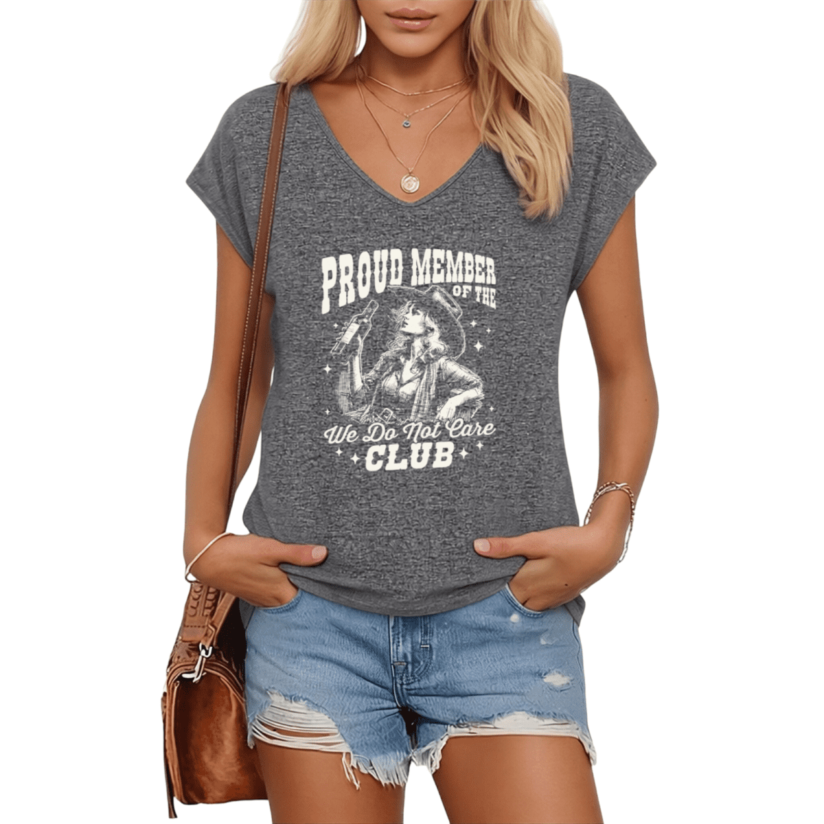 UNISHE Womens Dark Gray Classic Country Hat Female Retro Slogan V Neck ...