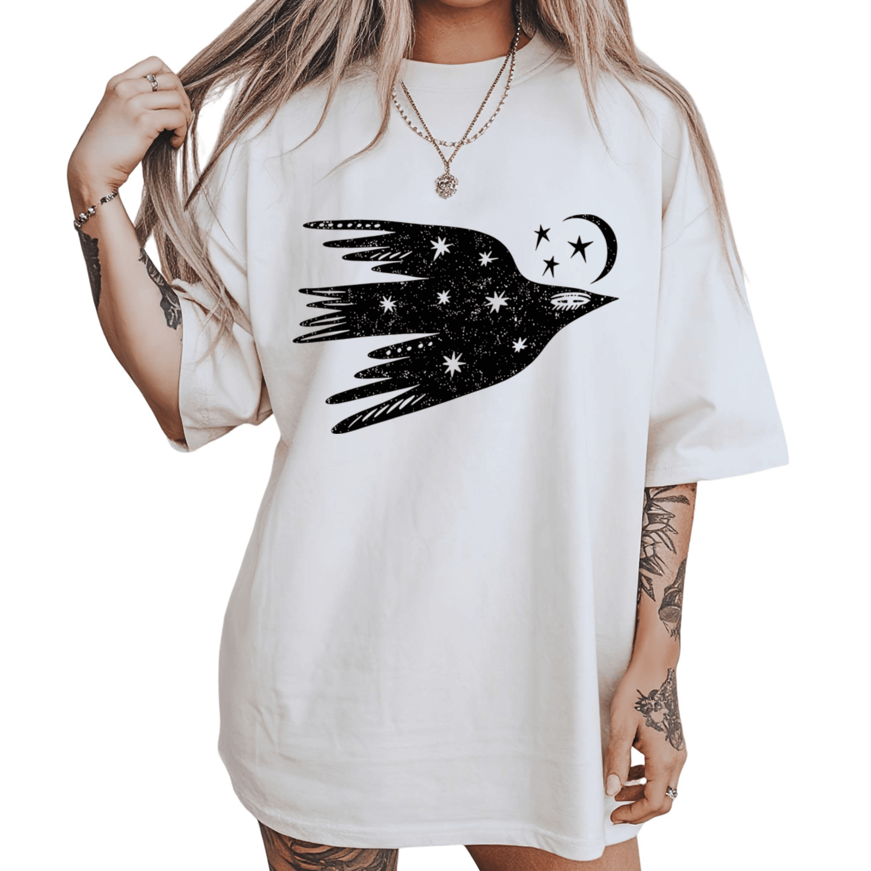 UNISHE Womens Mystical Starry Bird Moon Statement Graphic Short Sleeve ...