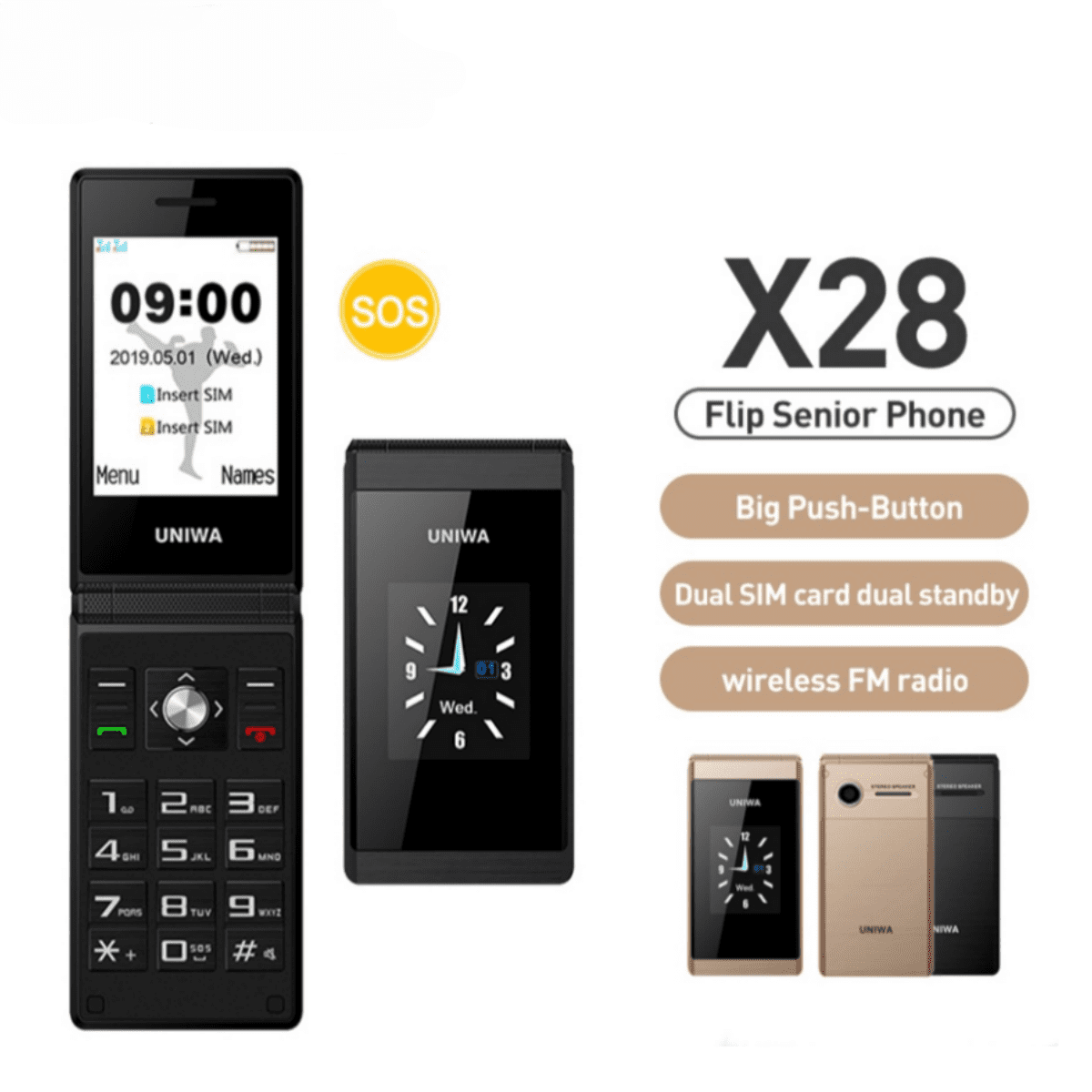 UNIWA X28 Flip GSM Cellphone 2.8" Touch Screen Mobile Phone Big Push ...