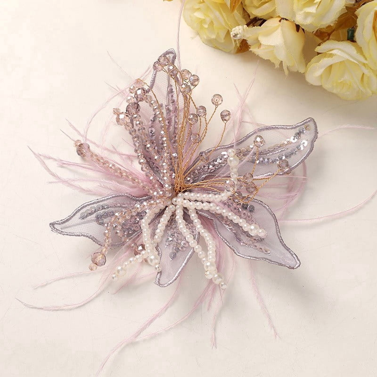 UNLLLL Pearl Embellished Large Crystal Flower Hair Clip, Feather Lace ...