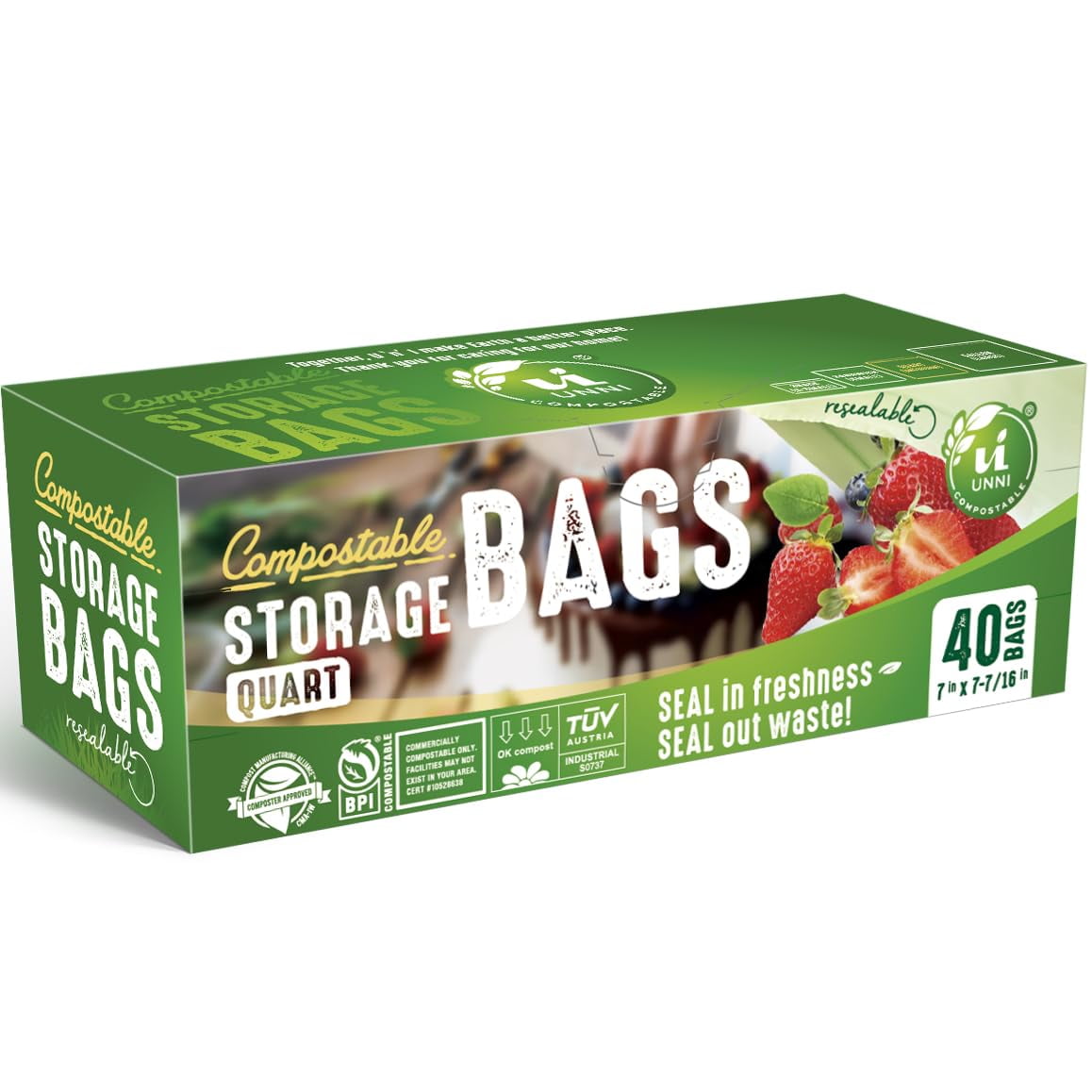 UNNI Compostable Bags, AIF9 Quart, Resealable Compostable Bags, 40 ...