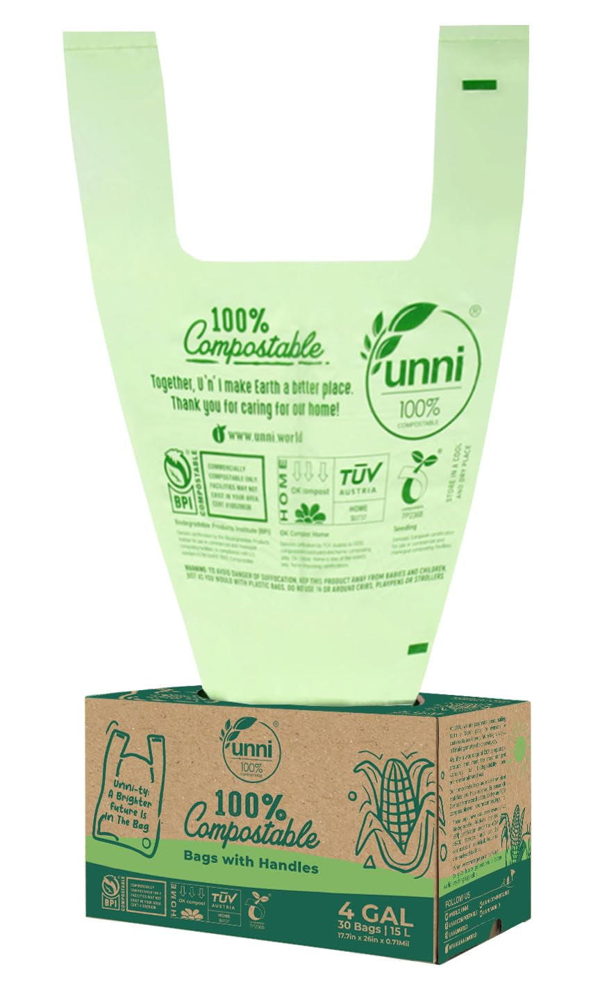 UNNI Compostable Bags with Handles, 4 Gallon, 15 Liter, 30 Count, 0.71 ...