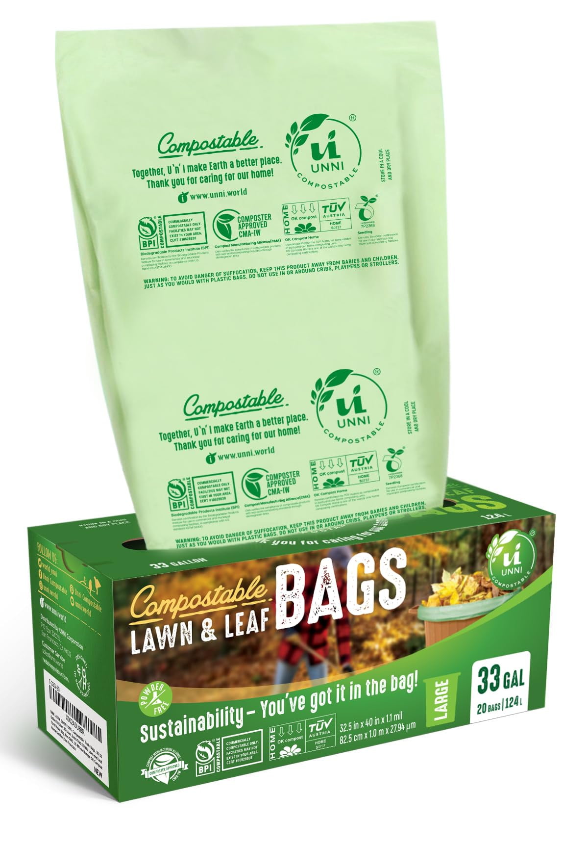 UNNI Compostable Lawn & TSF6 Leaf Liner Bags, 30-33 Gallon, 1.1 Mil ...
