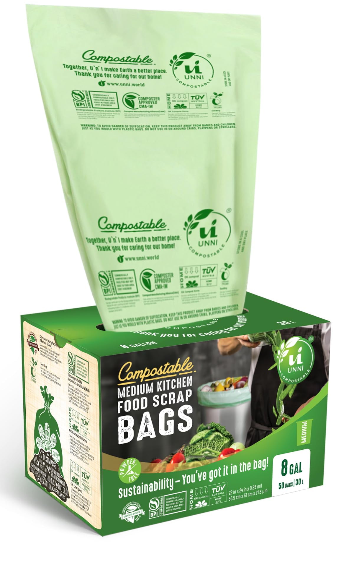 UNNI Compostable Liner Bags, AIF9 6-8 Gallon, 30 100 Count, 0.85 Mil ...