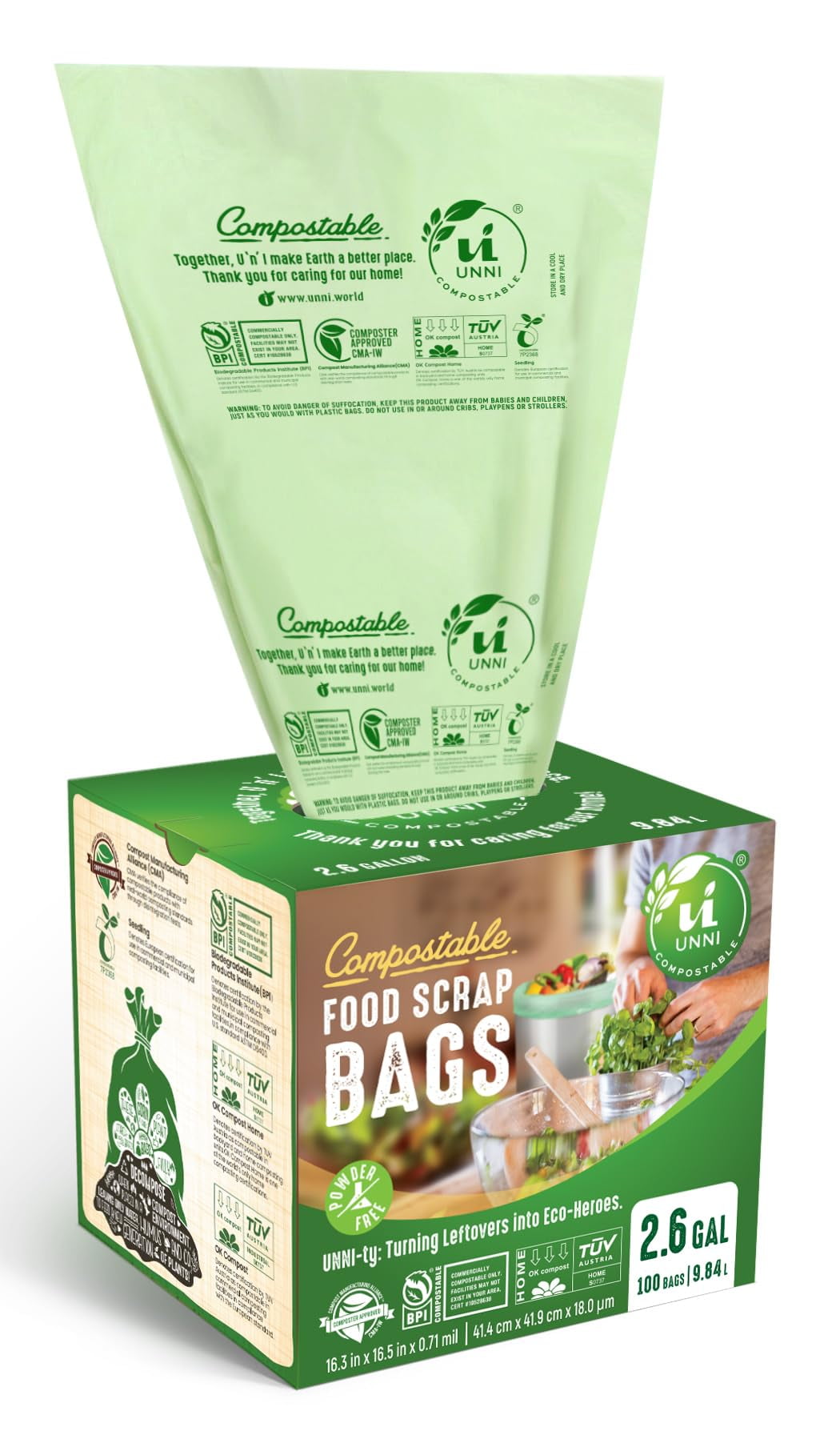 UNNI Compostable Liner Bags, TSF6 2.6 Gallon, 9.84 Liter, 0.71 Mil, 100 ...